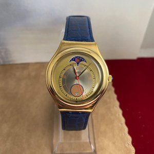 Swatch | Accessories | Stunning Gold And Blue Leather Swatch Moon Watch ...
